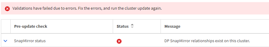 Pre-update check for "SnapMirror status" returns warning with "DP SnapMirror relationships exist ...